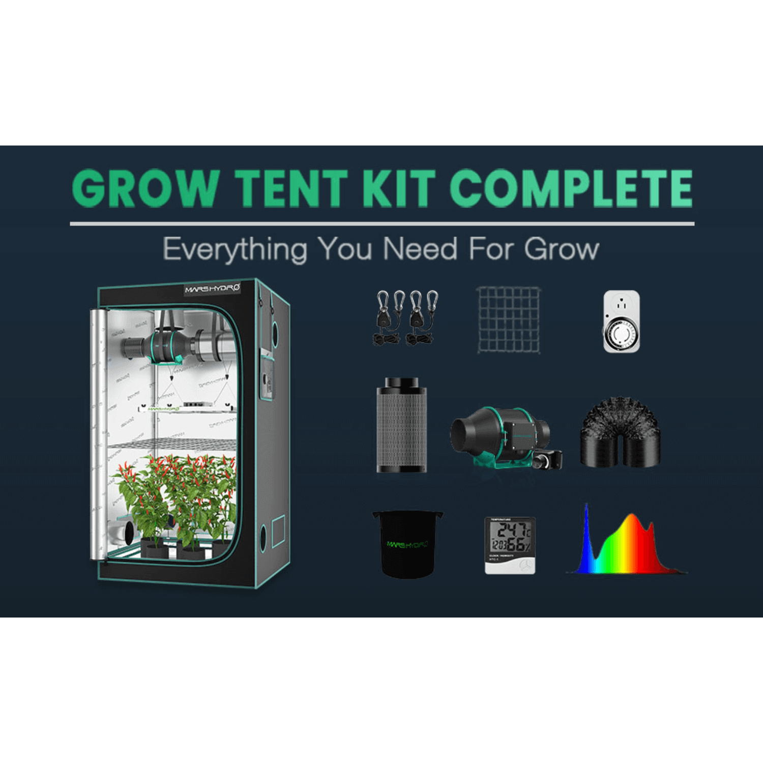 Mars Hydro FC-E3000 LED Grow Light + 3' x 3' Grow Tent + Inline Fan Co