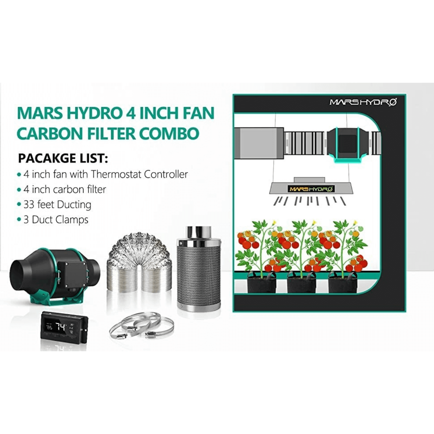 Mars Hydro 4" Inline Duct Fan and Carbon Filter Combo with Temperature