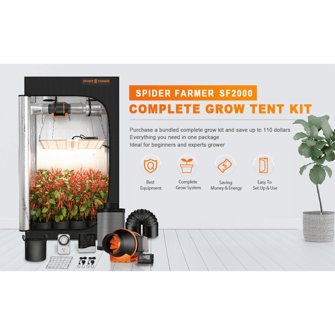 Spider Farmer SF2000 LED Grow Light + 2' x 4' Grow Tent + Inline Fan C